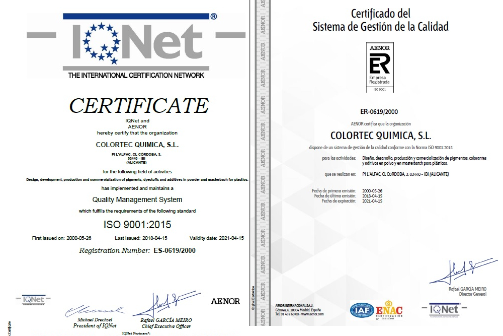 COLORTEC QUIMICA SL se adapta a la norma ISO 9001:2015 – IBIAE